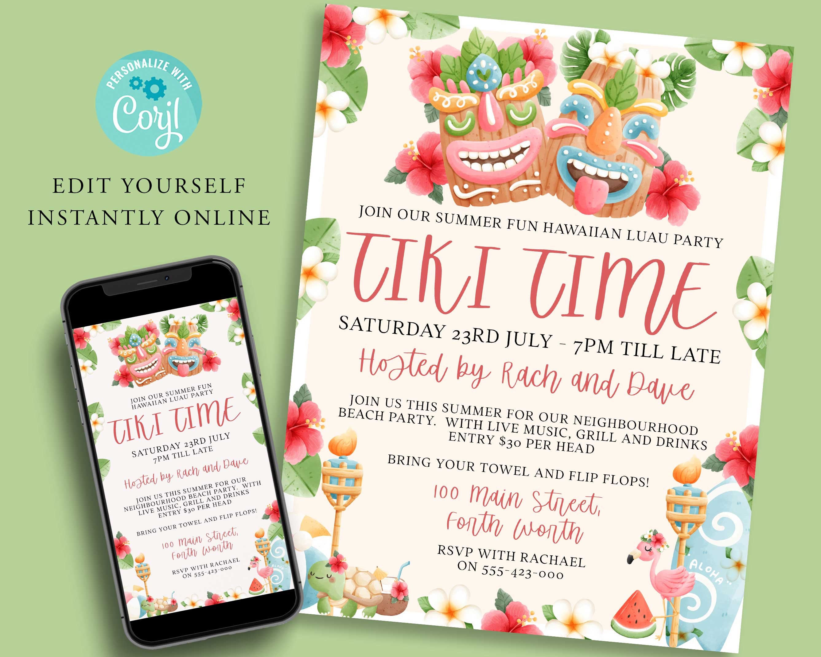 Editable TIKI Party Flyer Template, Diy Barbeque Invite, Summer, Luau ...