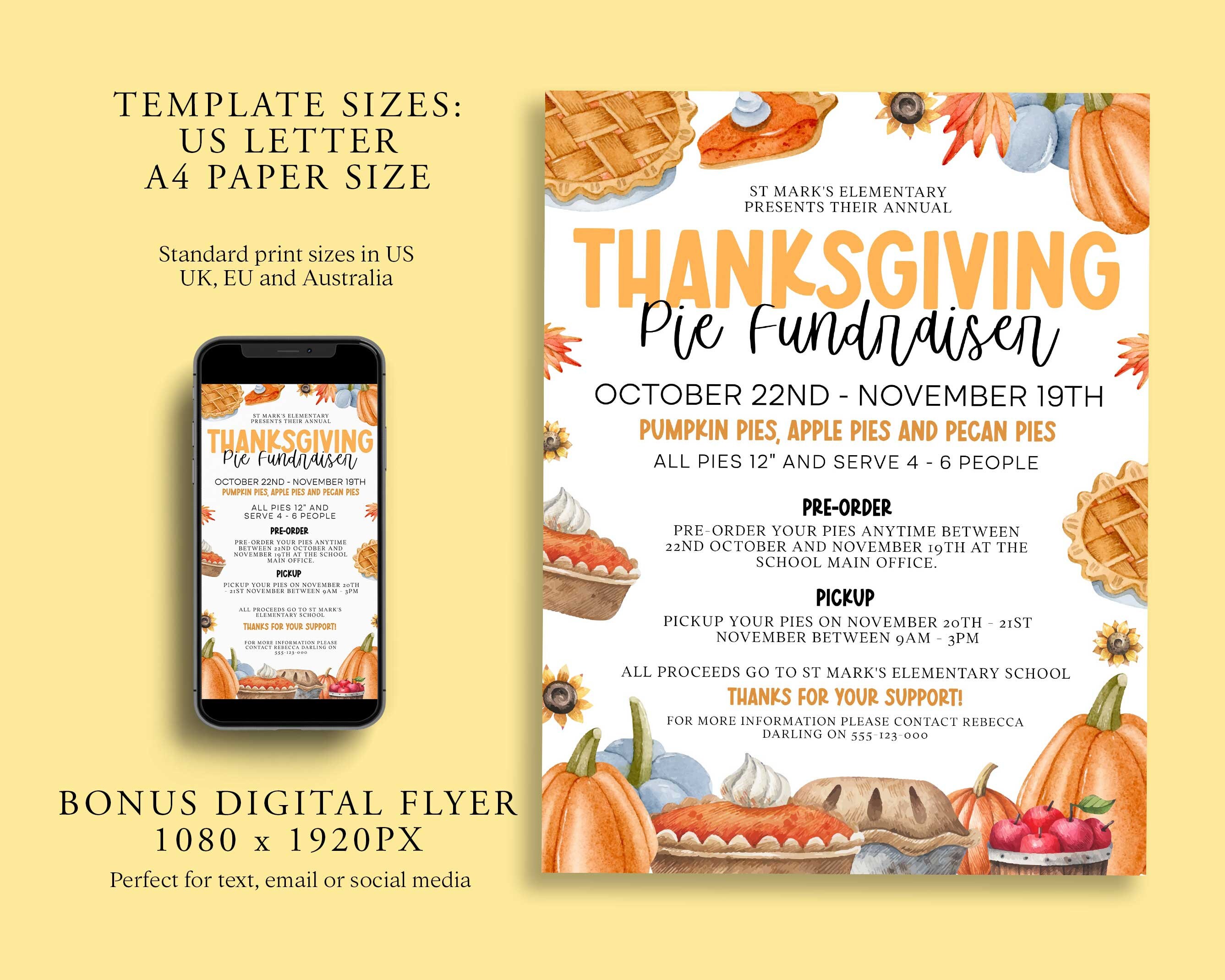 THANKSGIVING Pie, Printable PTA Flyer, School Breakfast Appreciation ...