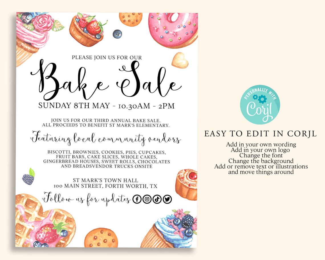 Editable BAKE SALE Flyer Template, DIY Market Sale, Community Fair ...