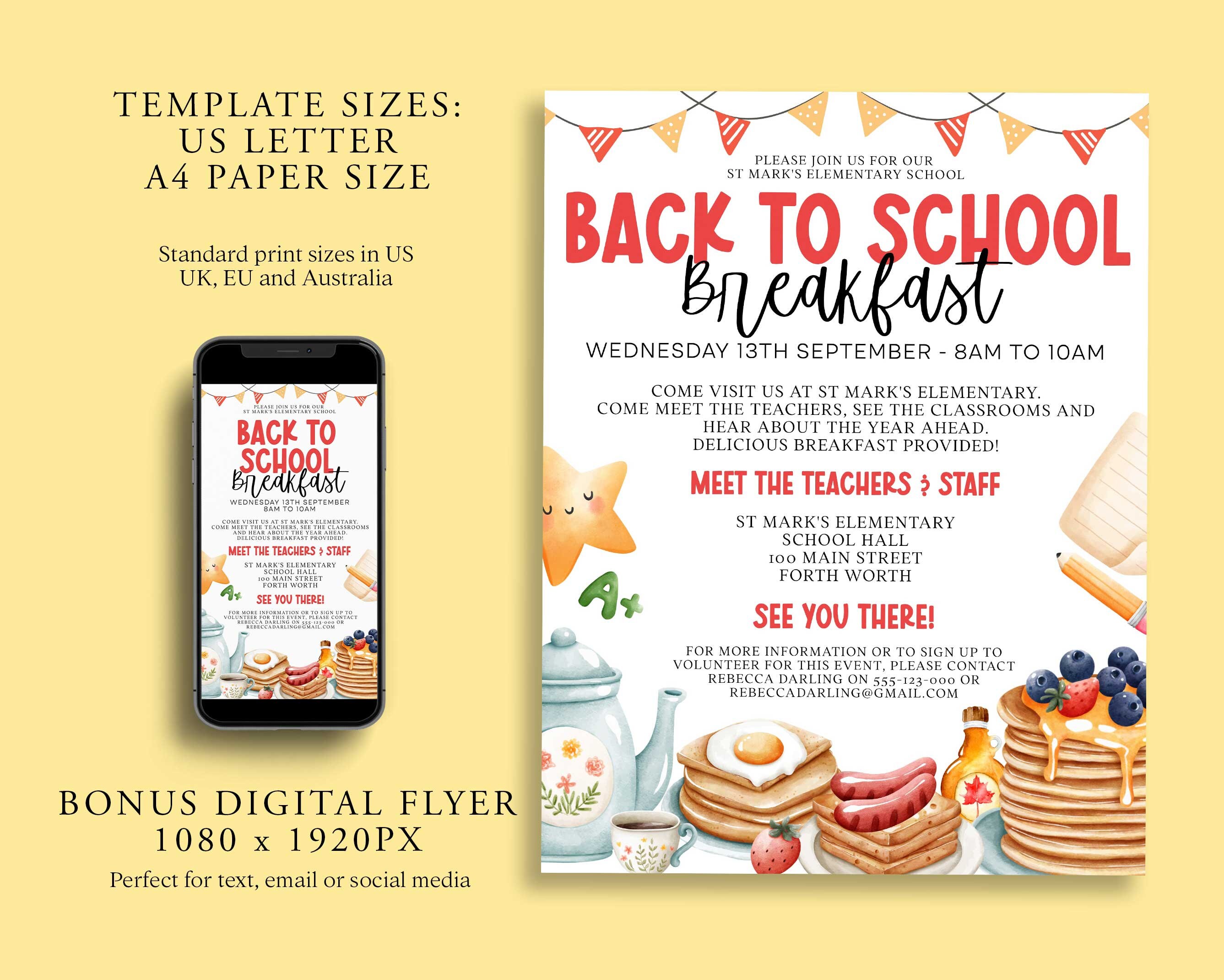 BACK to School Breakfast Flyer, Printable PTA Flyer, School Breakfast ...
