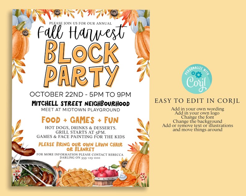FALL Block Party Flyer Editable Template, Diy Barbeque, Autumn ...