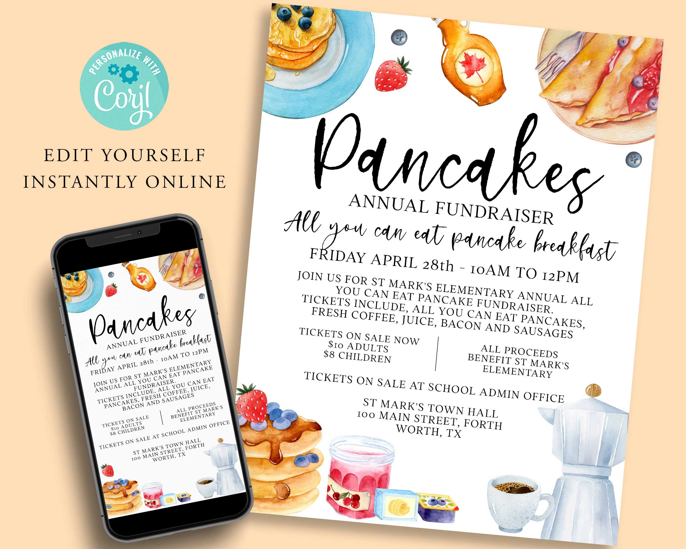 Editable PANCAKE Fundraiser Flyer Template, Charity Non Profit Event ...