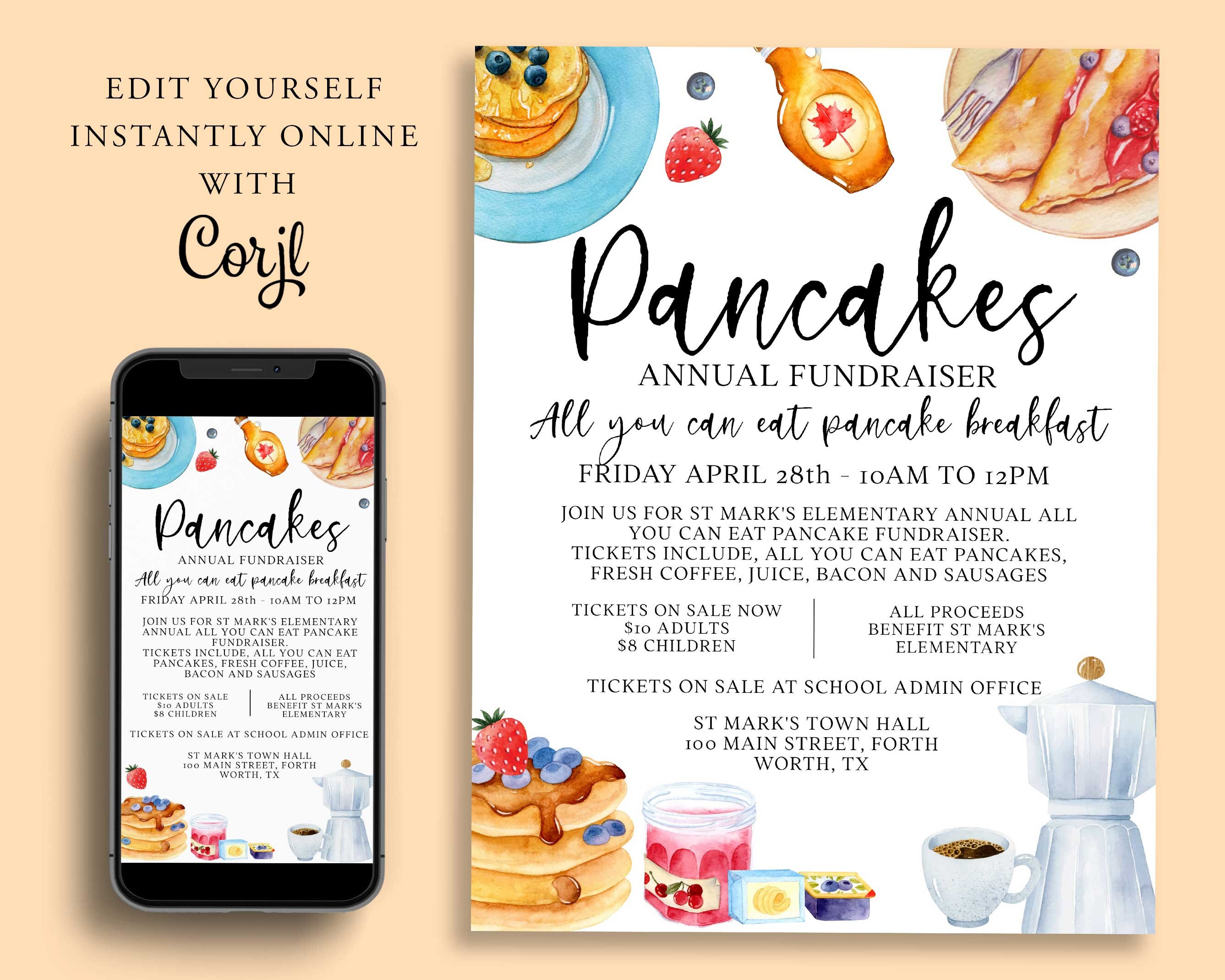 Editable PANCAKE Fundraiser Flyer Template, Charity Non Profit Event ...