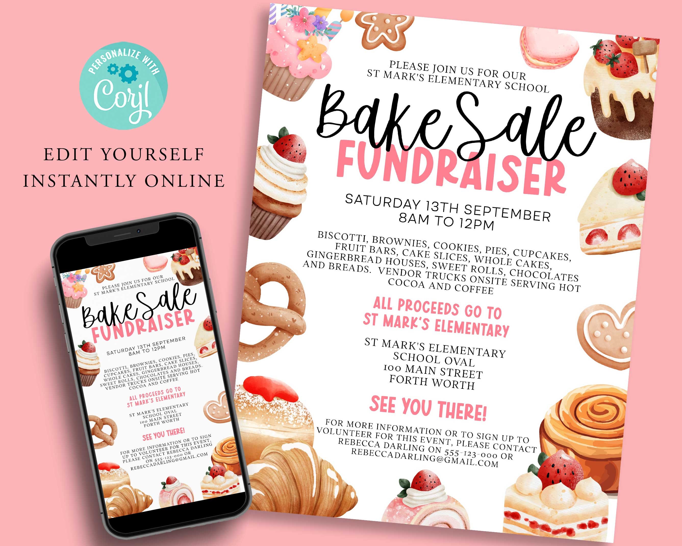 BAKE SALE Social Fundraiser Editable Template, Flyer, Printable PTA ...