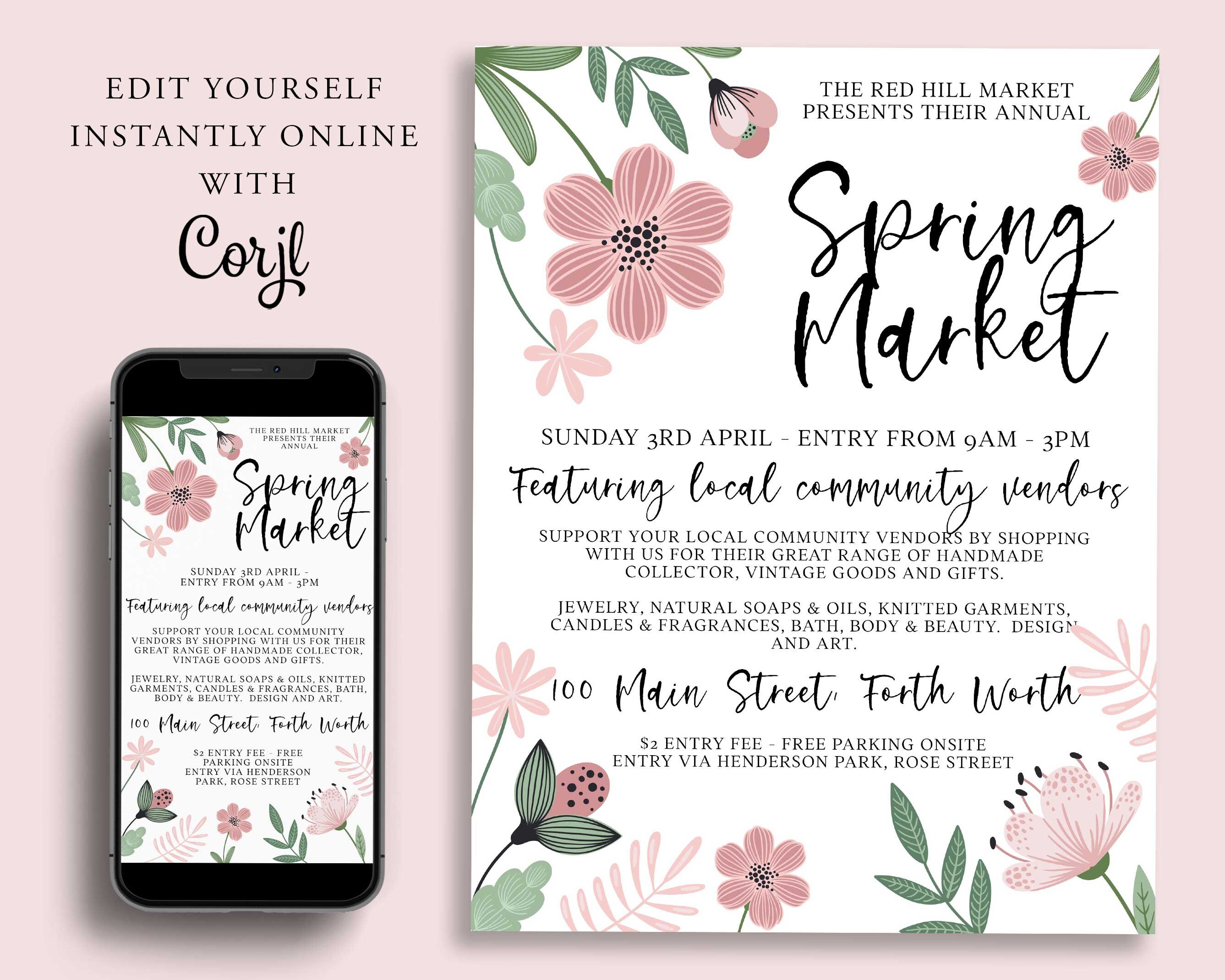 Editable SPRING MARKET Flyer Template, DIY Market Sale, Community Fair ...