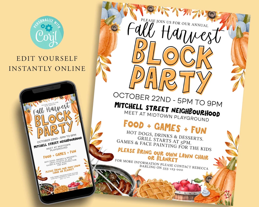 FALL Block Party Flyer Editable Template, Diy Barbeque, Autumn ...