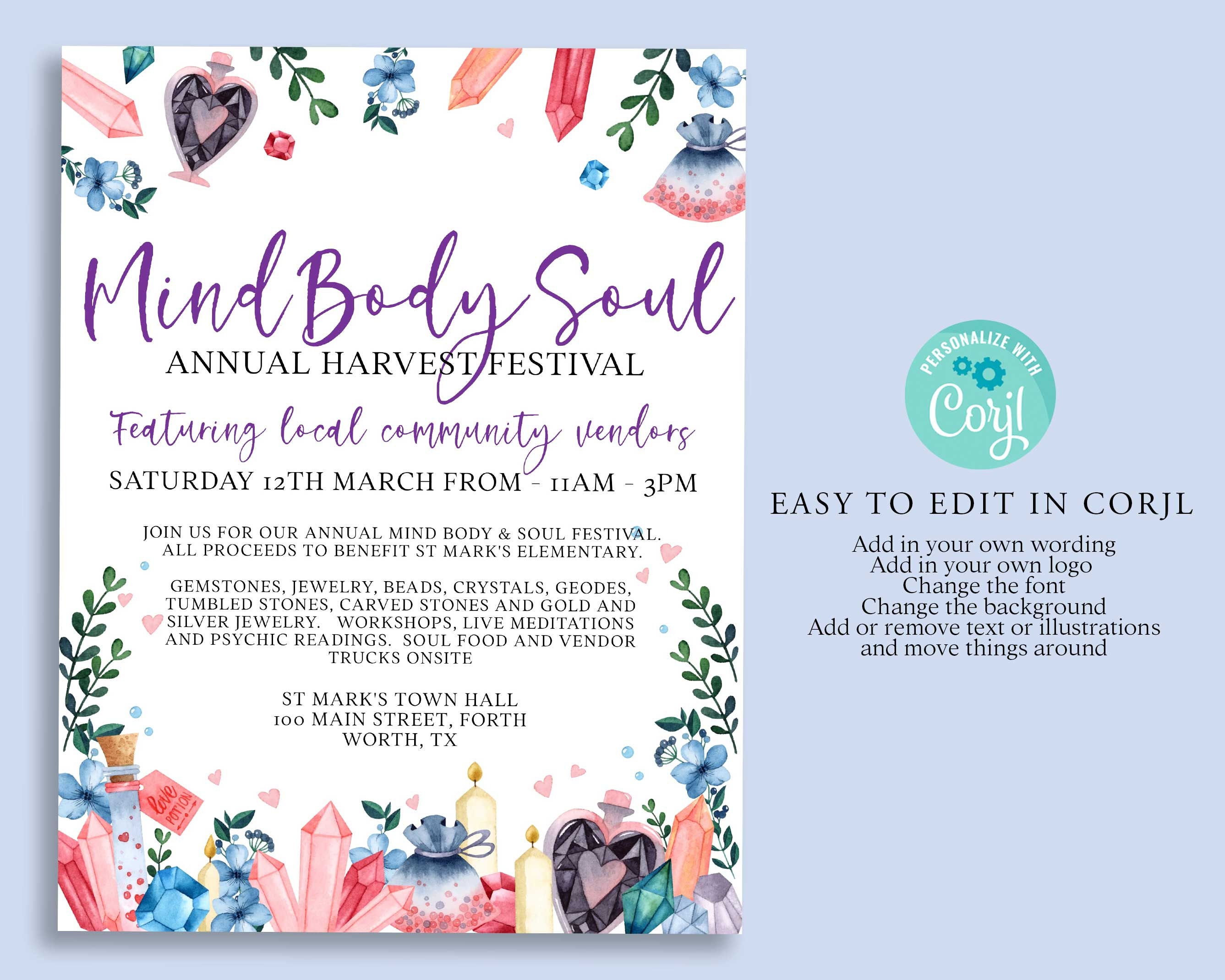 Editable MIND BODY SOUL Flyer Template, Diy Event Poster, Crystals ...