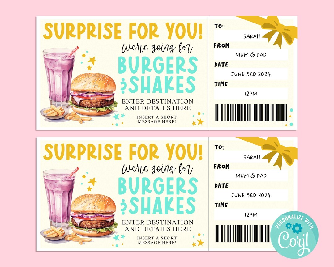 Surprise BURGERS & SHAKES Editable Gift Ticket Template, Birthday Gift ...