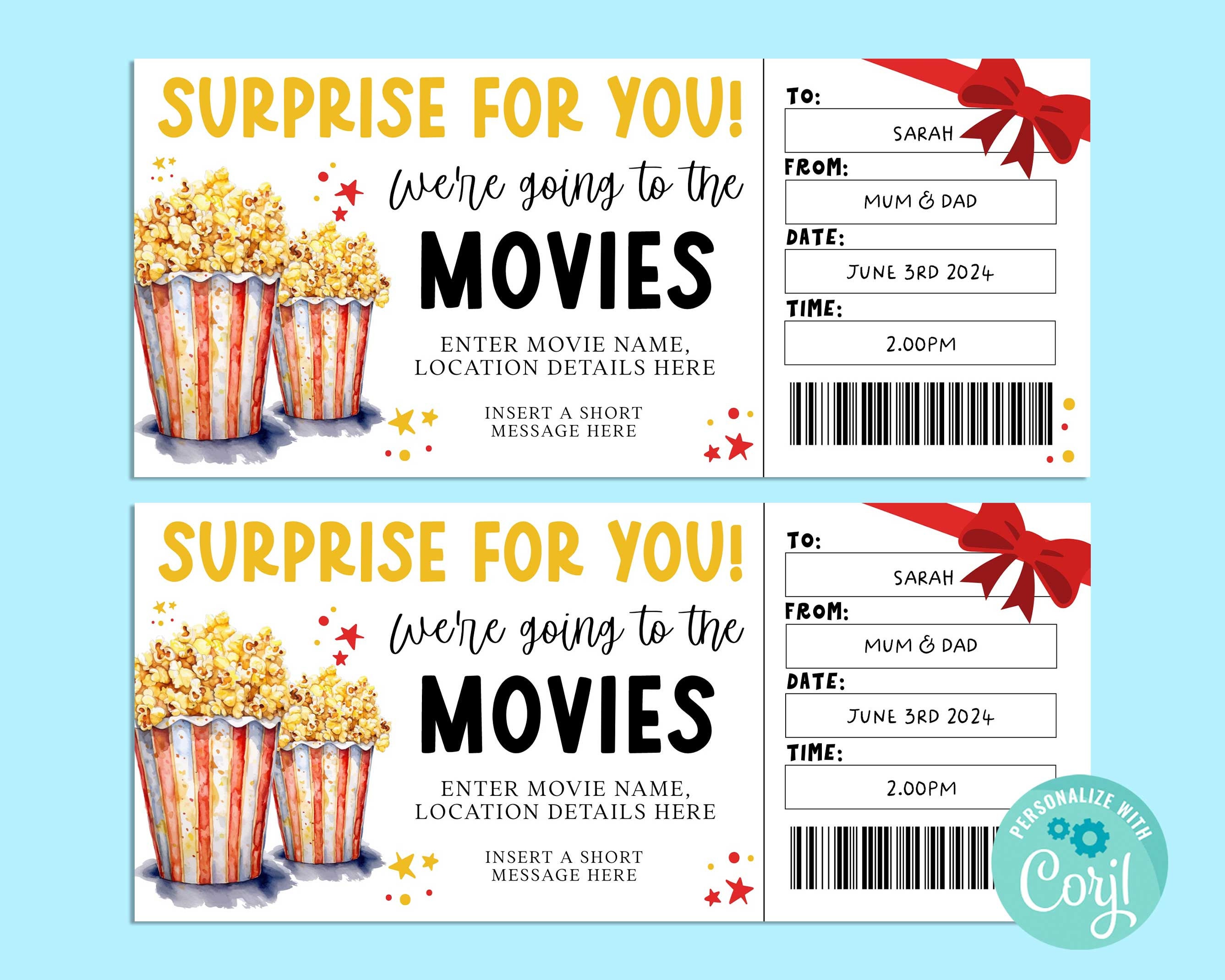 Surprise MOVIES Editable Gift Ticket Template, Happy Birthday Gift ...