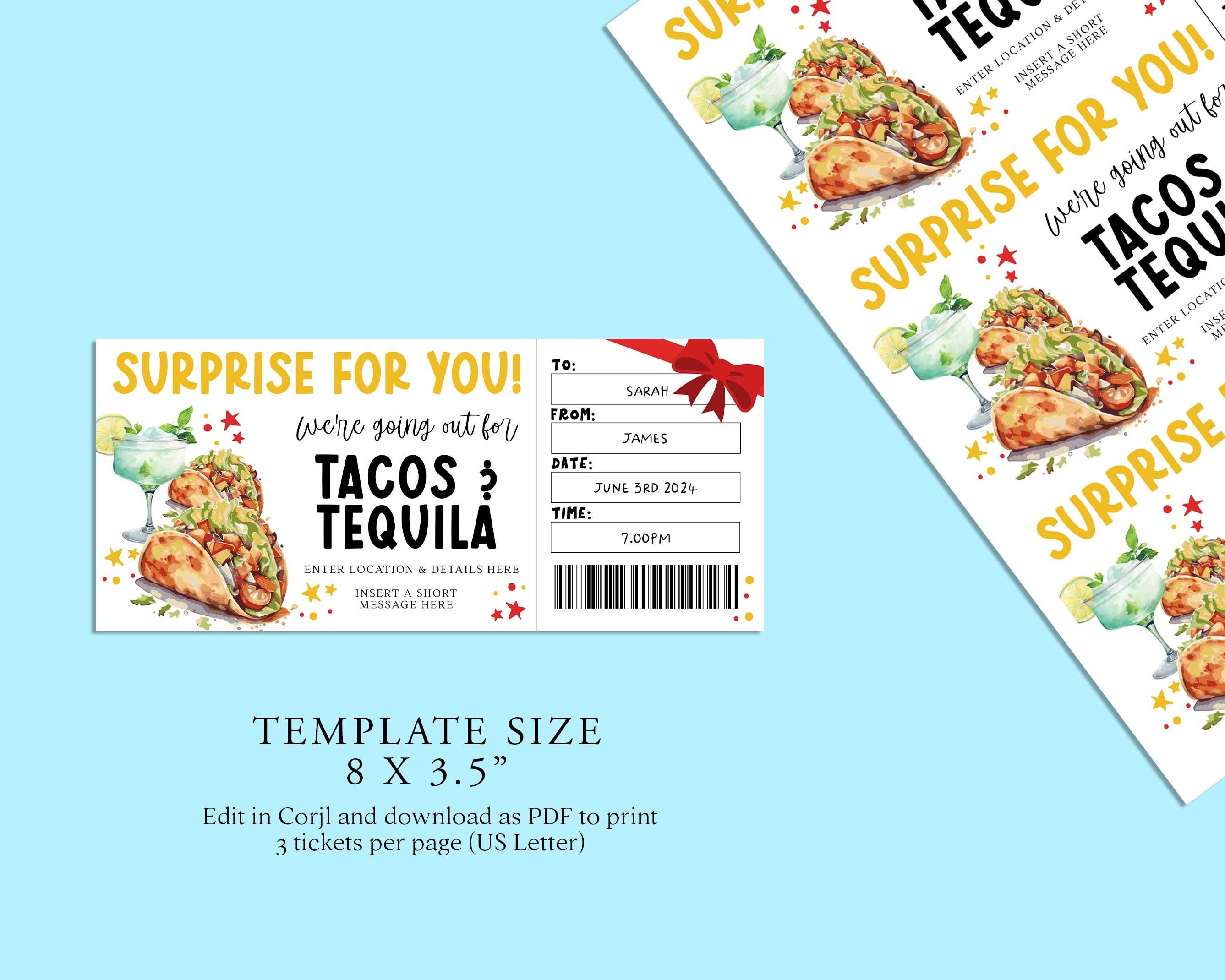 Surprise TACOS & TEQUILA Editable Gift Ticket Template, Birthday Gift ...