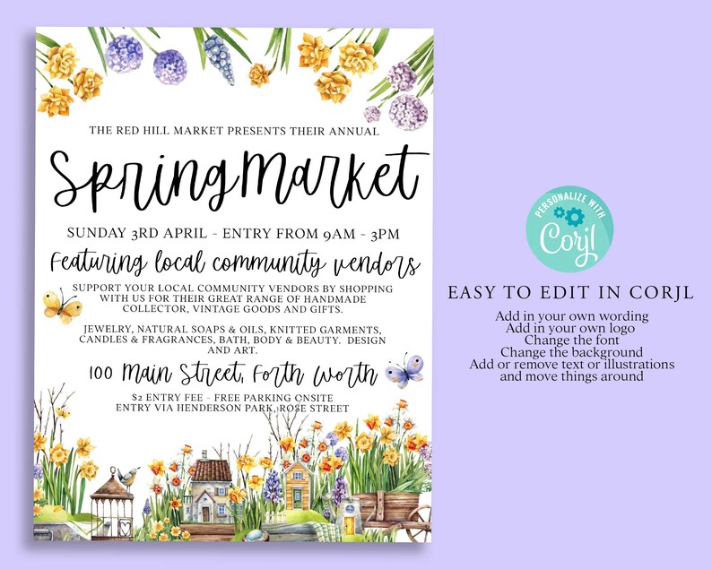 Editable SPRING MARKET Flyer Template, DIY Fundraiser, Community Fair ...