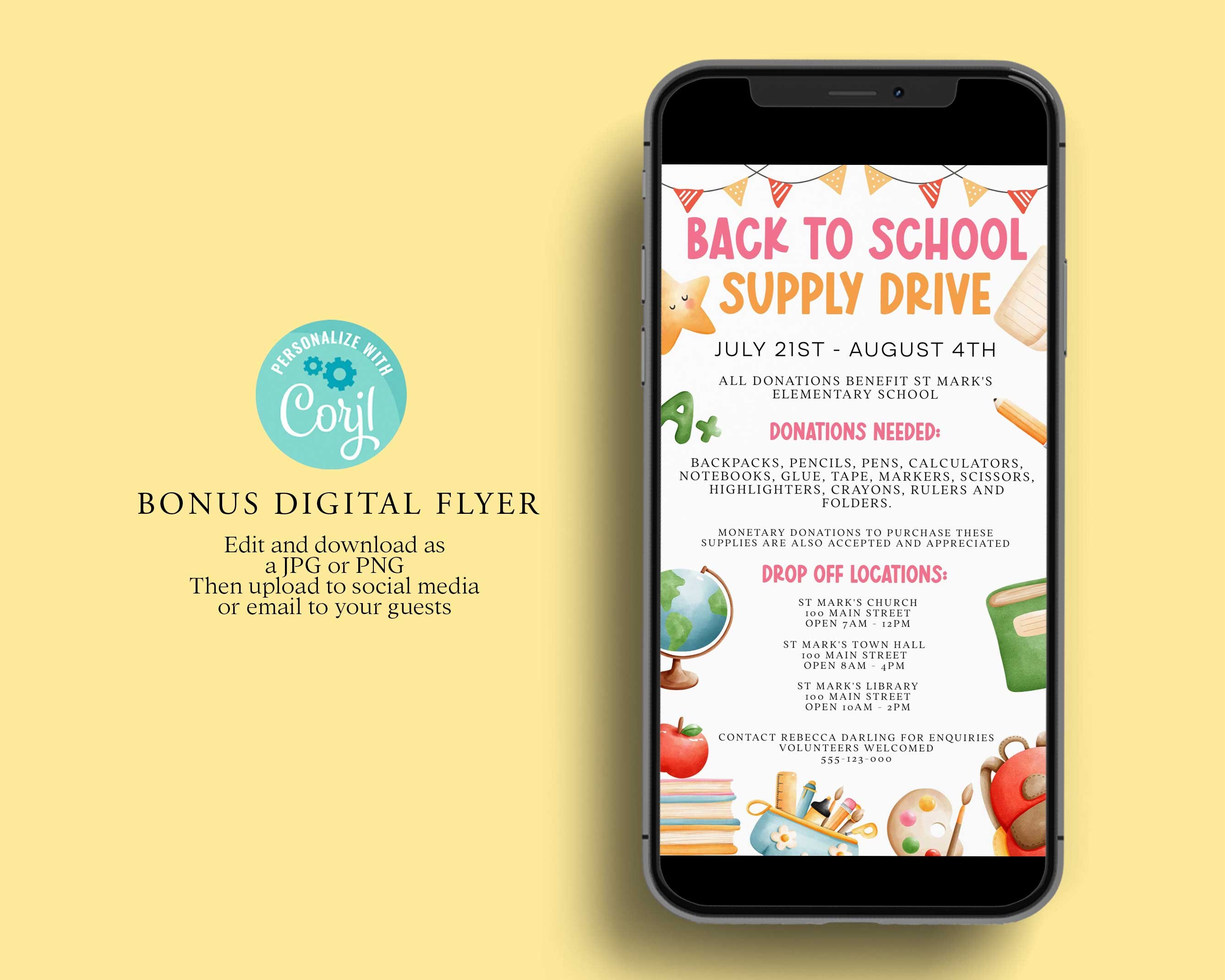 BACK to SCHOOL Supply Drive Flyer, Editable Flyer, Pta, Fundraiser ...