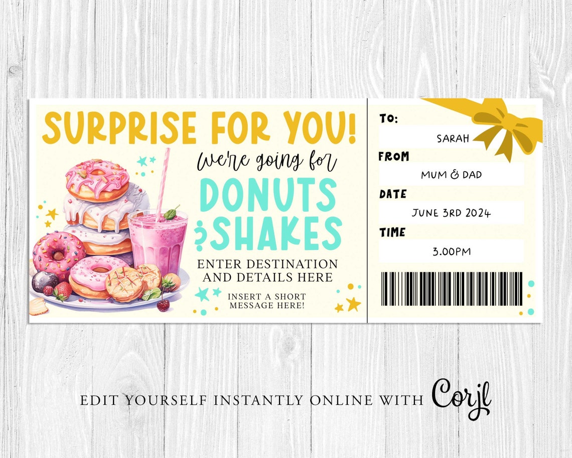 Surprise DONUTS & SHAKES Editable Gift Ticket Template, Happy Birthday ...