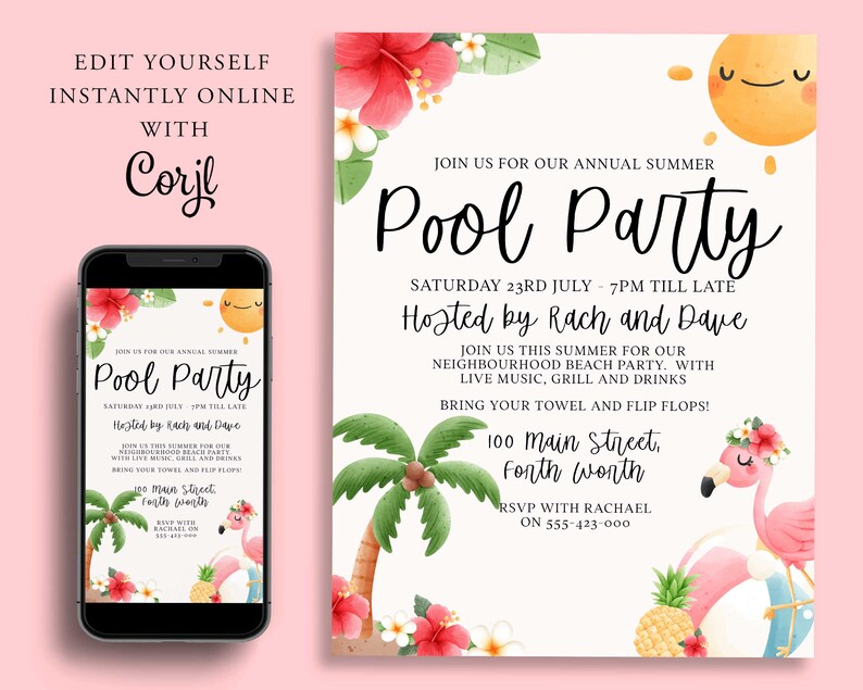 Editable SUMMER Pool Party Flyer Template, Diy Barbeque, Luau, BEACH ...