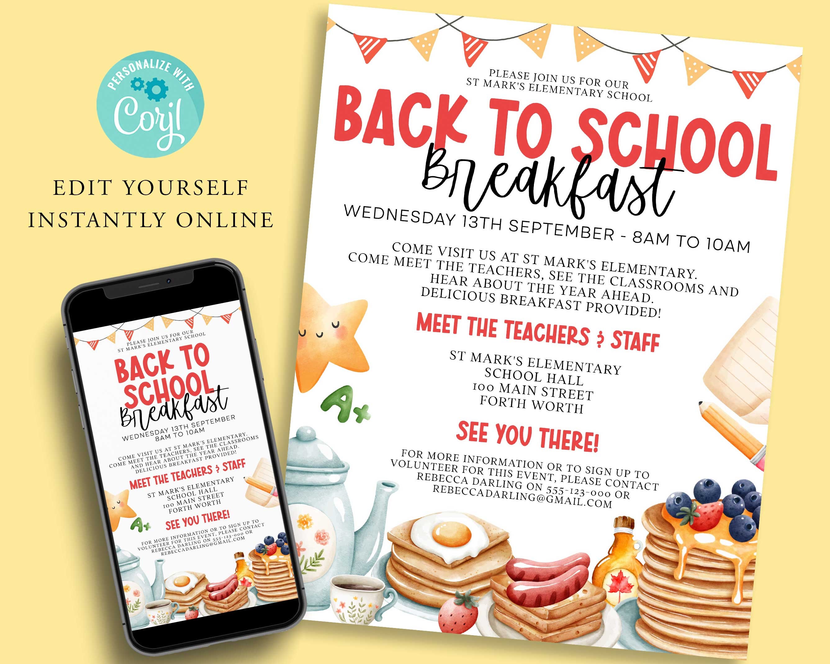 BACK to School Breakfast Flyer, Printable PTA Flyer, School Breakfast ...