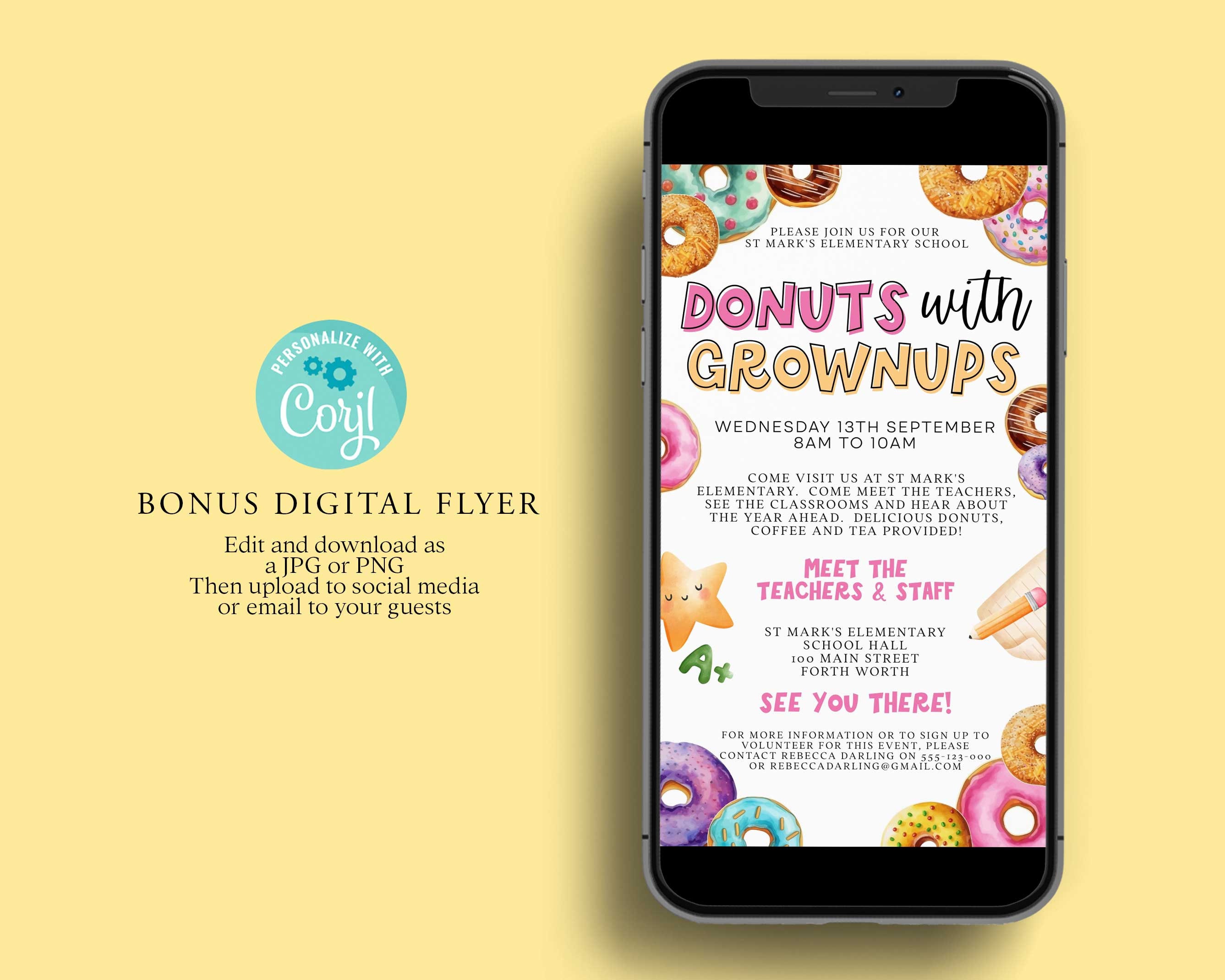 DONUTS With Grownups, Flyer, Printable PTA Flyer, School Breakfast ...