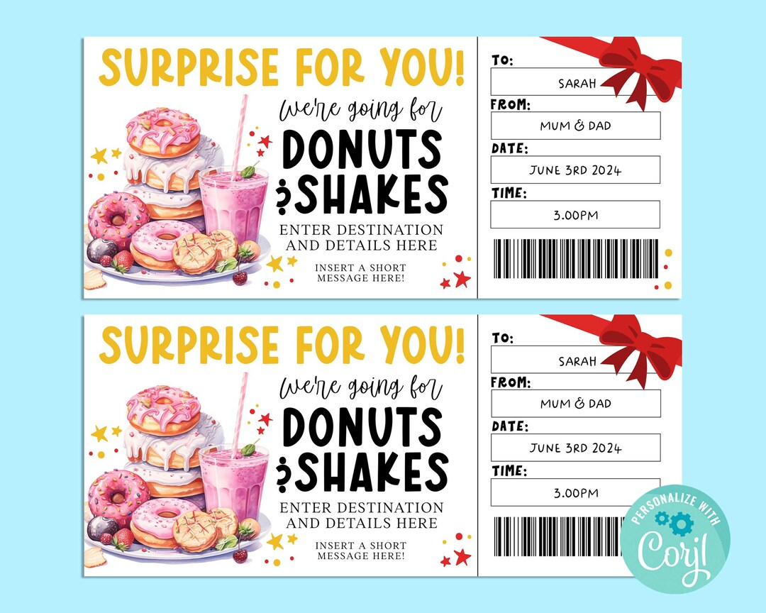 Surprise DONUTS & SHAKES Editable Gift Ticket Template, Happy Birthday ...