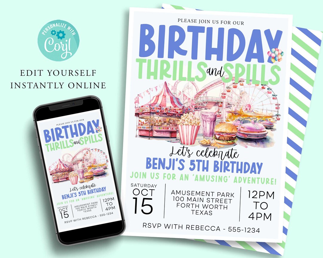 THEME PARK Party Flyer Editable Template, DIY Kids Party Invites, Party ...