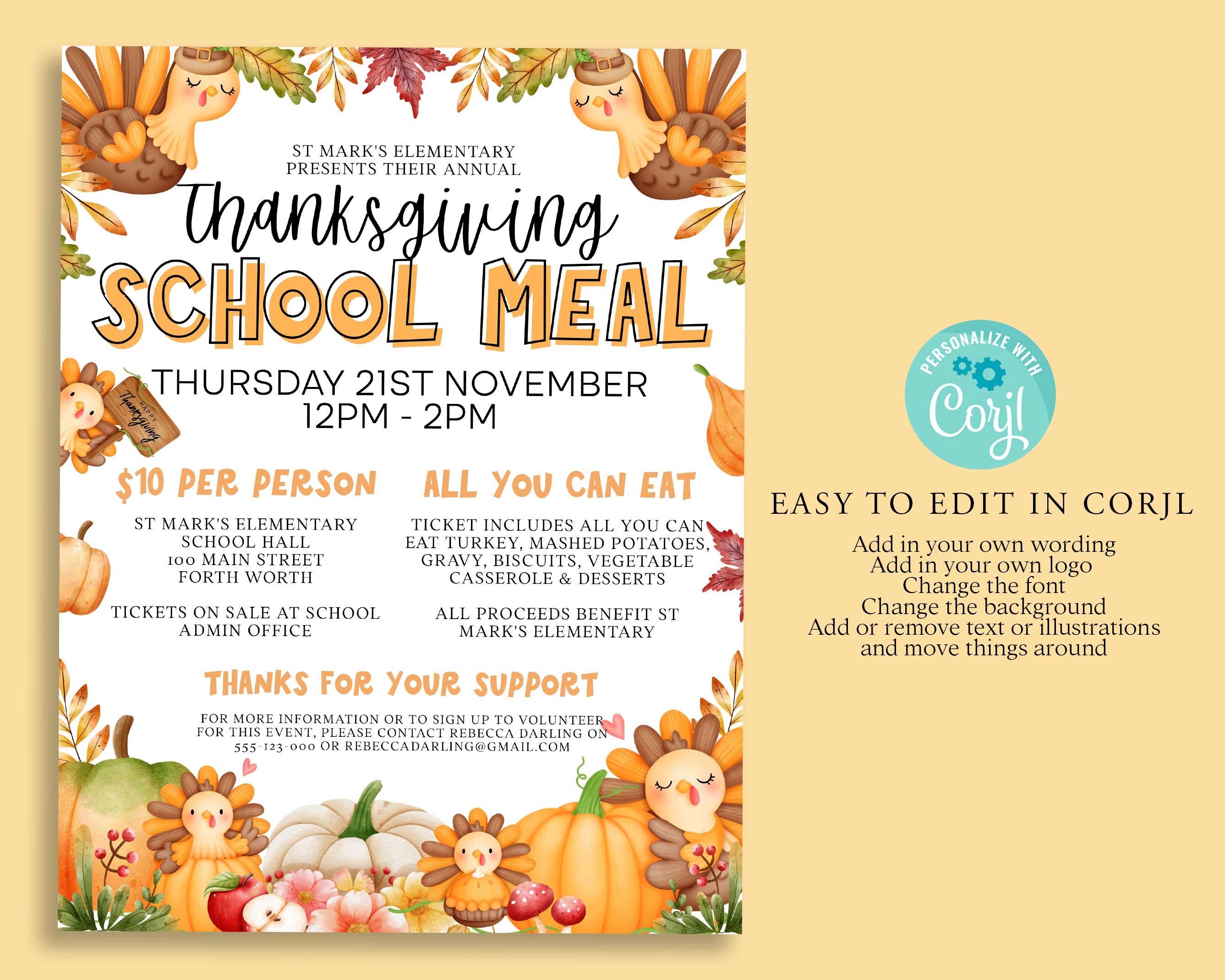 THANKSGIVING School MEAL Flyer, Printable PTA Flyer, School Teacher ...