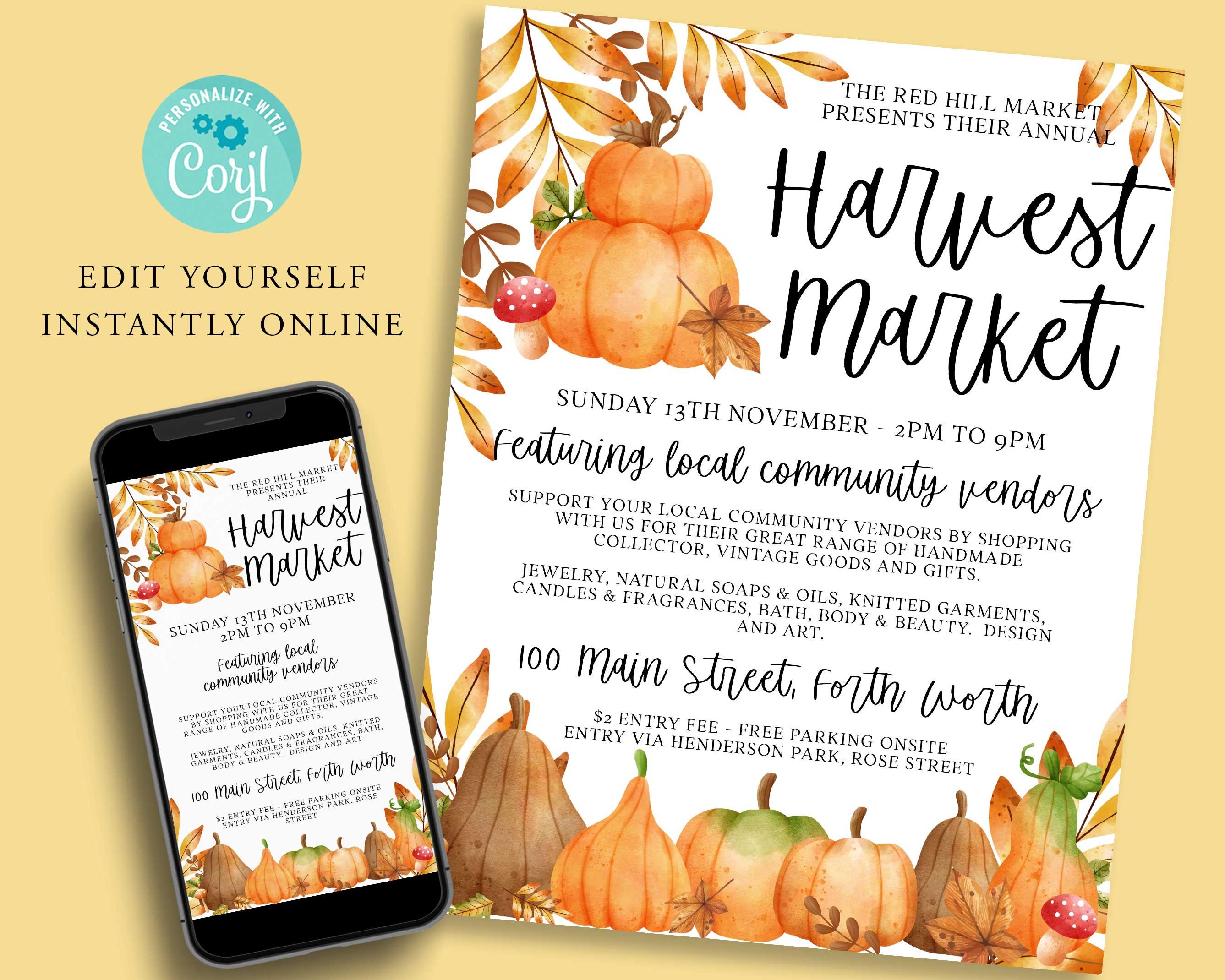 Editable HARVEST MARKET Flyer Template, DIY Market, Event Poster, Fall ...