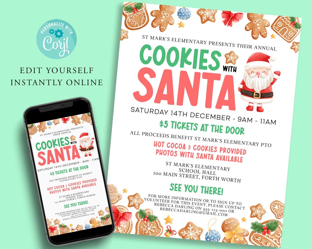 COOKIES With Santa, Flyer, Printable PTA Flyer, School Breakfast ...