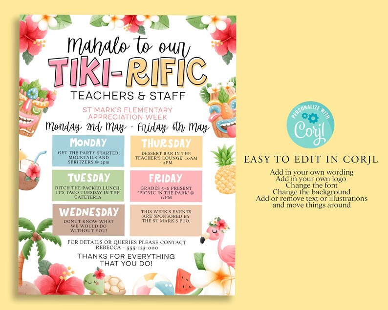 Tiki TEACHER APPRECIATION Editable Flyer Template, Staff Invite, Family ...