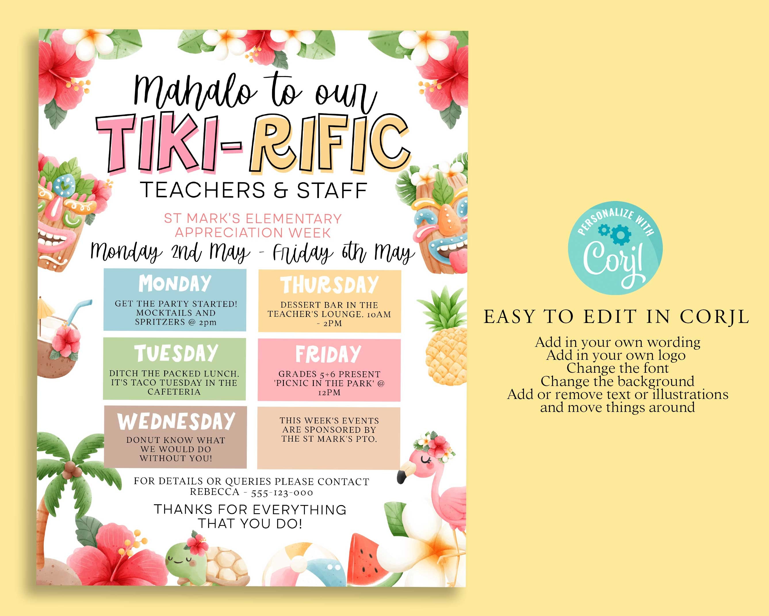 Tiki TEACHER APPRECIATION Editable Flyer Template, Staff Invite, Family ...
