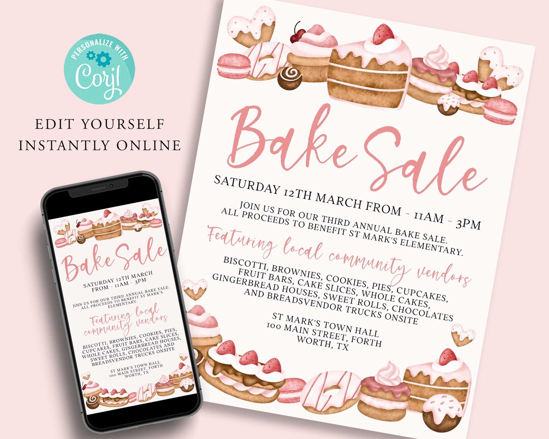 Editable BAKE SALE Flyer Template DIY Market Sale Community - Etsy