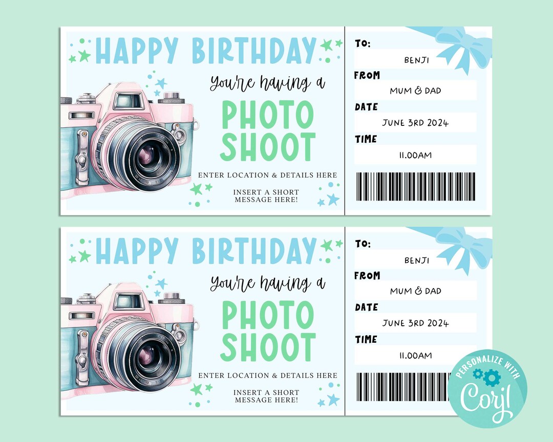 Birthday PHOTO SHOOT Editable Gift Ticket Template, Birthday Gift ...