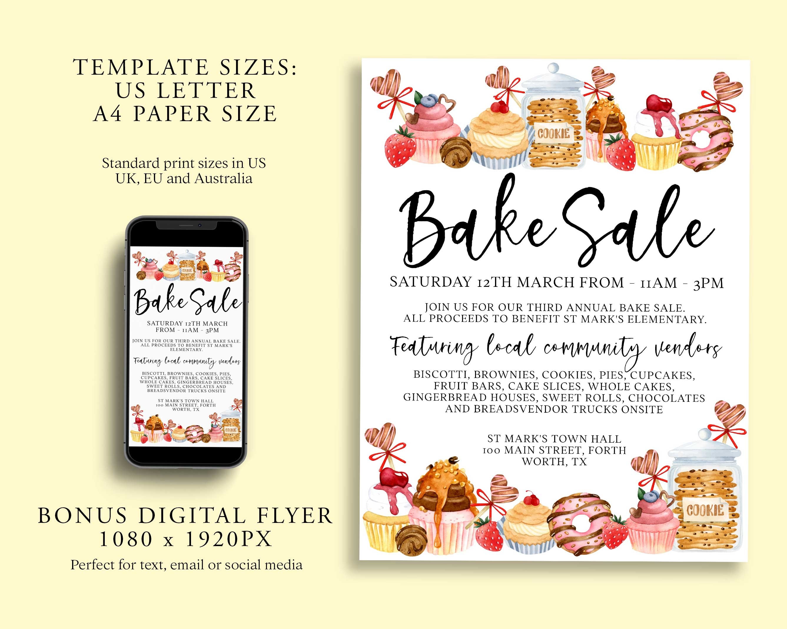 Editable BAKE SALE Flyer Template, DIY Market Sale, Community Fair ...