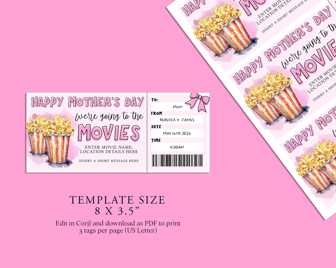 Mothers Day MOVIES Editable Gift Ticket Template, Birthday Gift ...