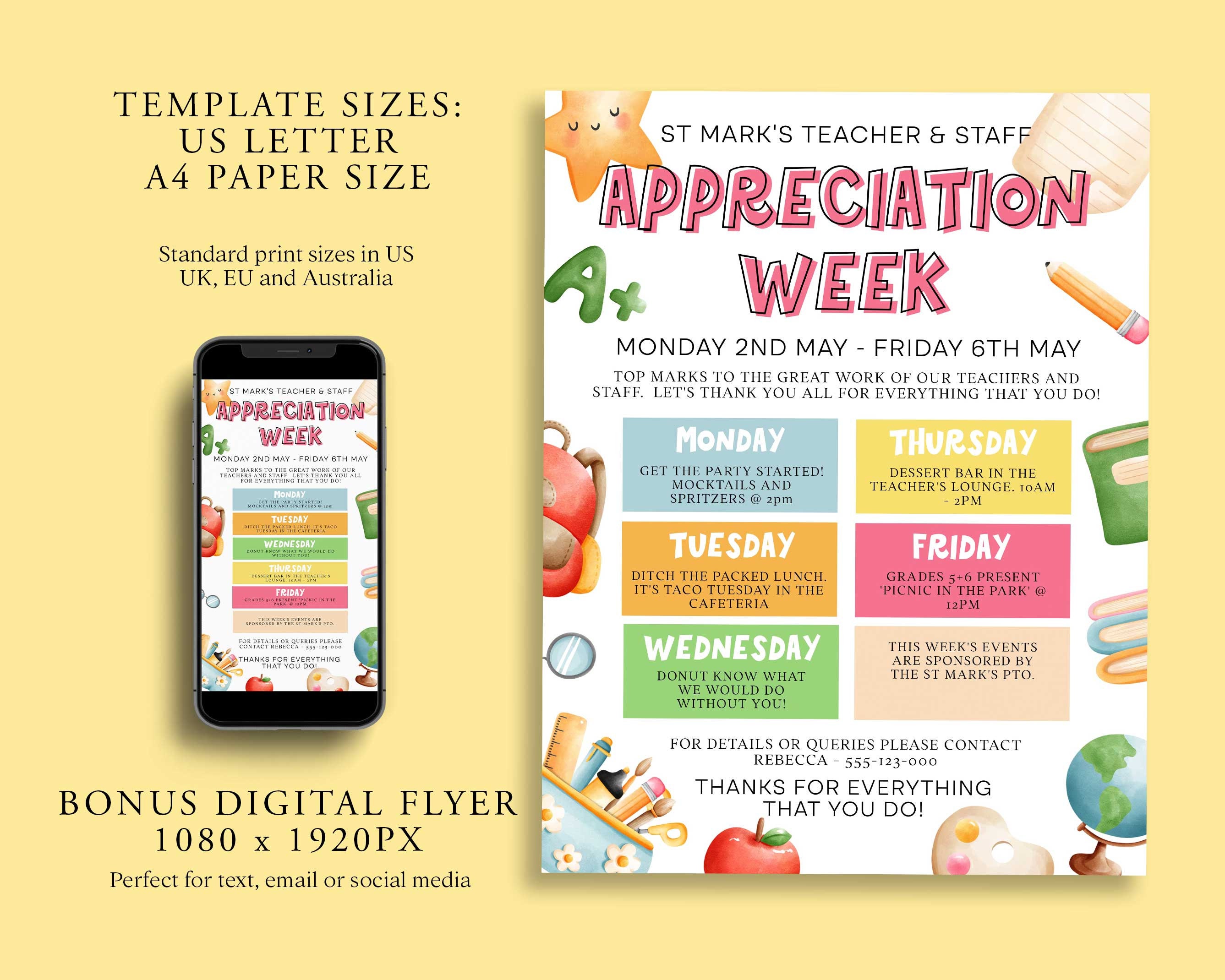 TEACHER APPRECIATION Editable Flyer Template, Staff Invite, Family ...