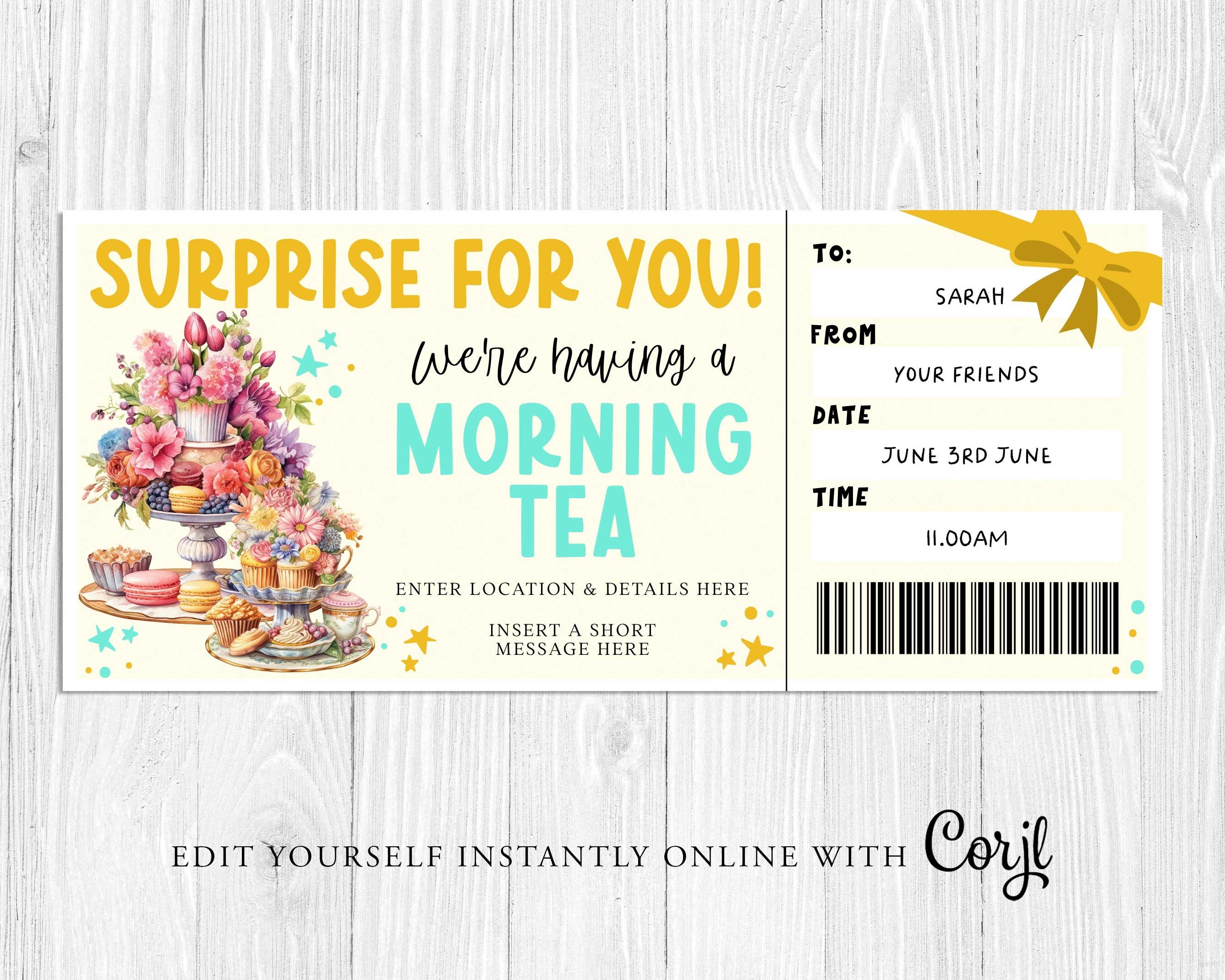 Surprise MORNING TEA Editable Gift Ticket Template, Birthday Gift ...