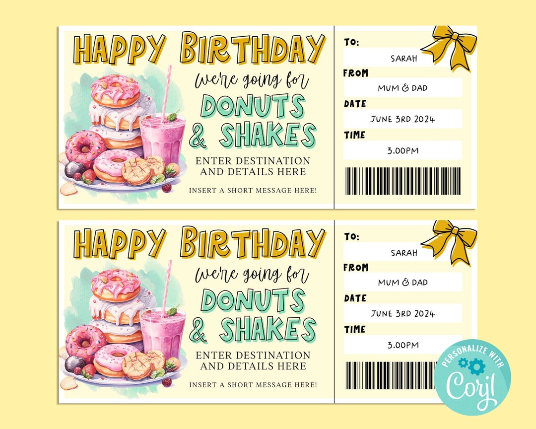 Birthday DONUTS & SHAKES Editable Gift Ticket Template, Happy Birthday ...