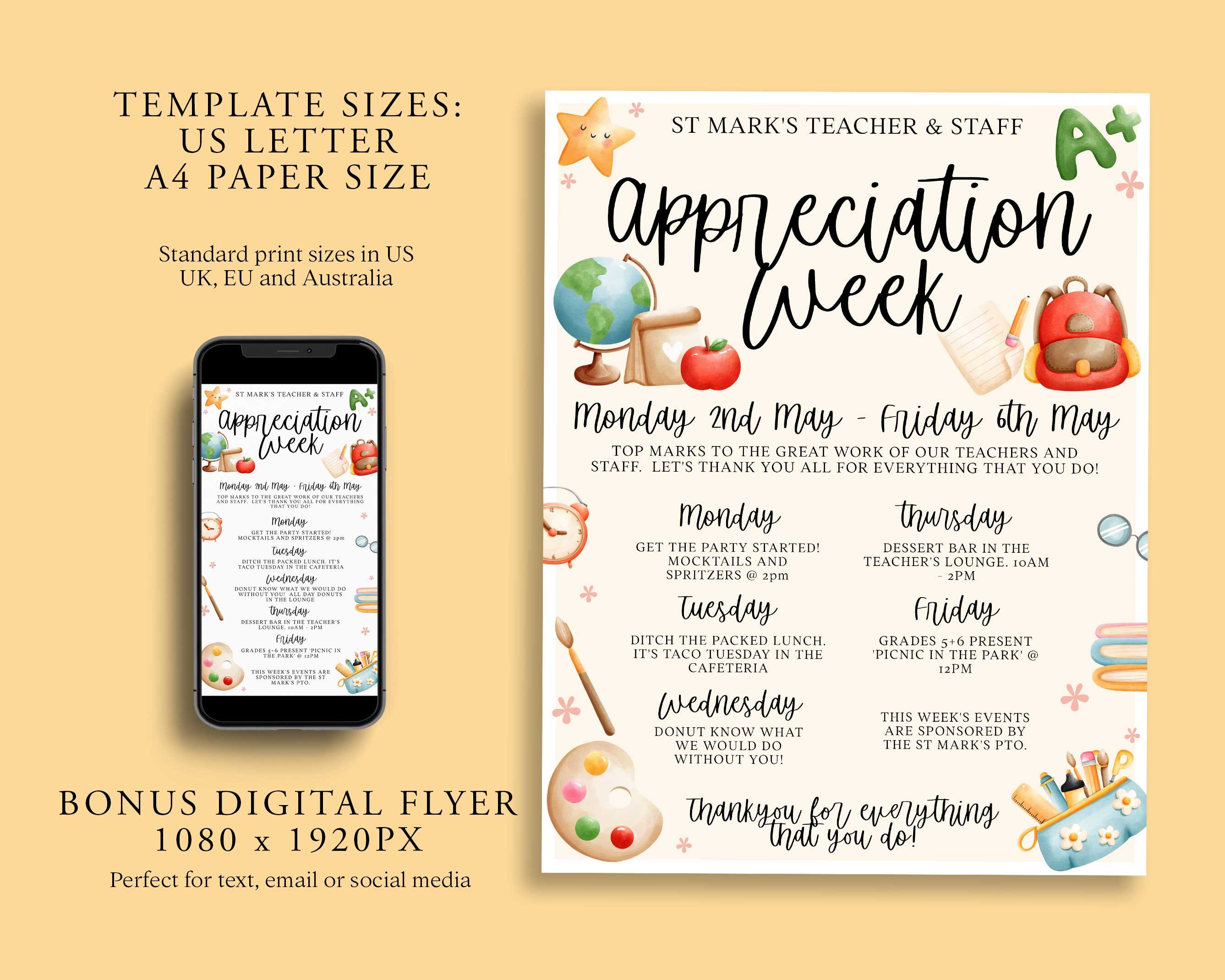 TEACHER APPRECIATION Editable Flyer Template, Staff Invite, Family ...