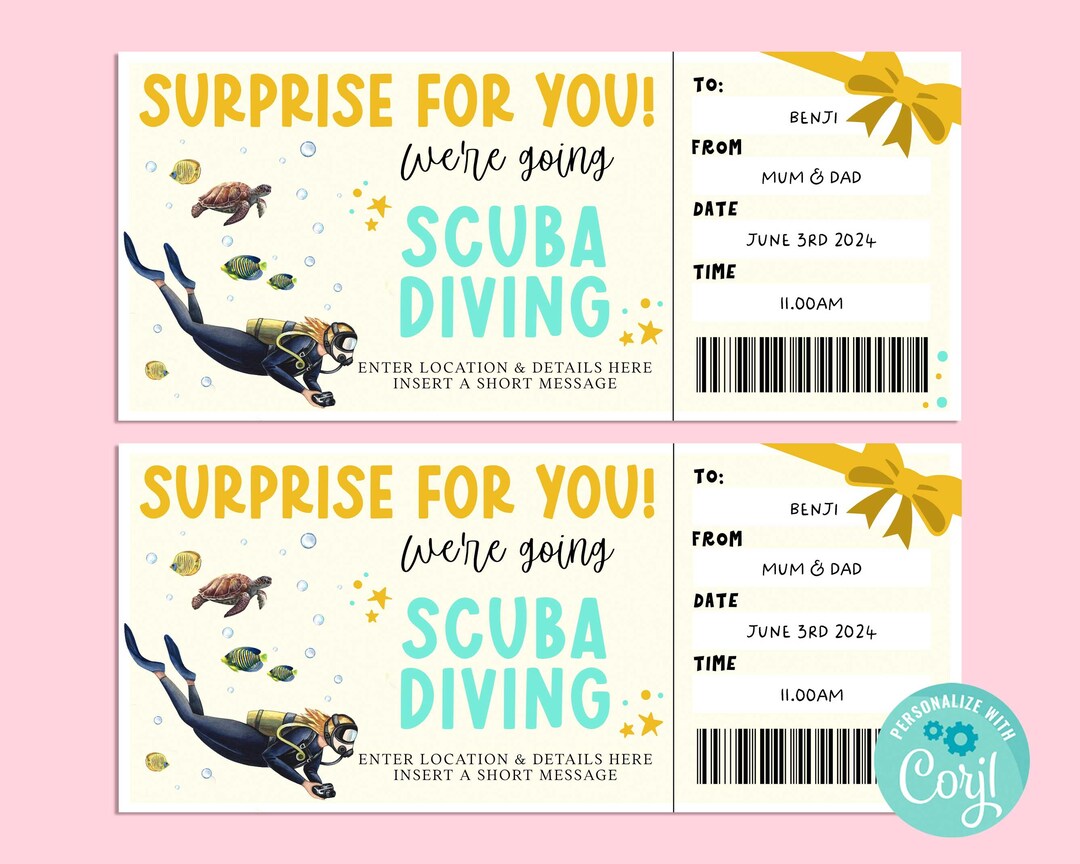 Surprise SCUBA DIVING Gift Ticket, Birthday Gift Card, Gift Certificate ...