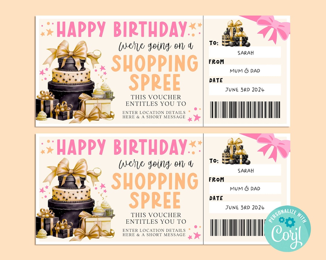 Birthday SHOPPING SPREE Editable Gift Ticket Template, Birthday Gift ...