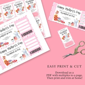 Editable Breakfast in Bed Gift Ticket, Mothers Day, Happy Birthday ...