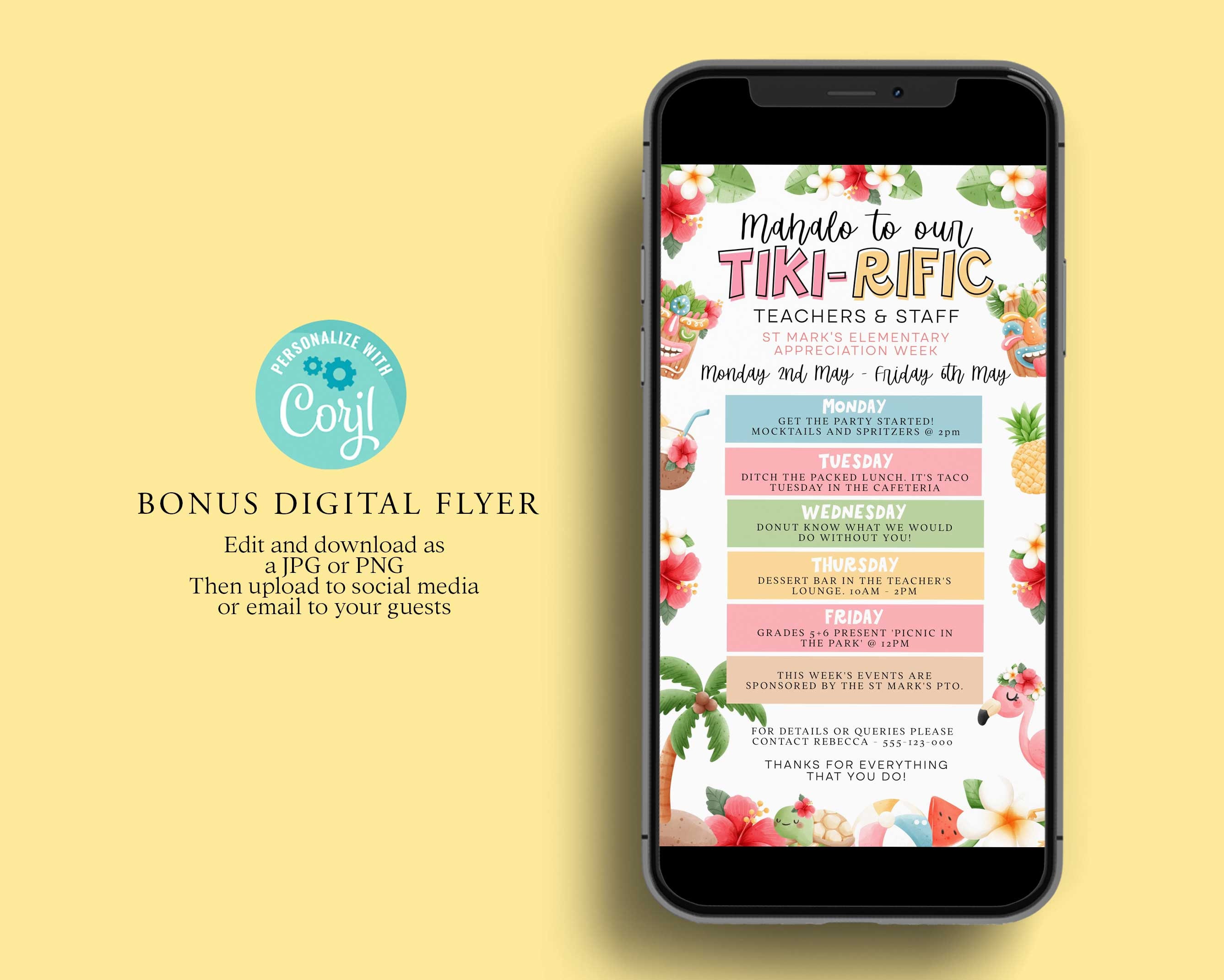Tiki TEACHER APPRECIATION Editable Flyer Template, Staff Invite, Family ...