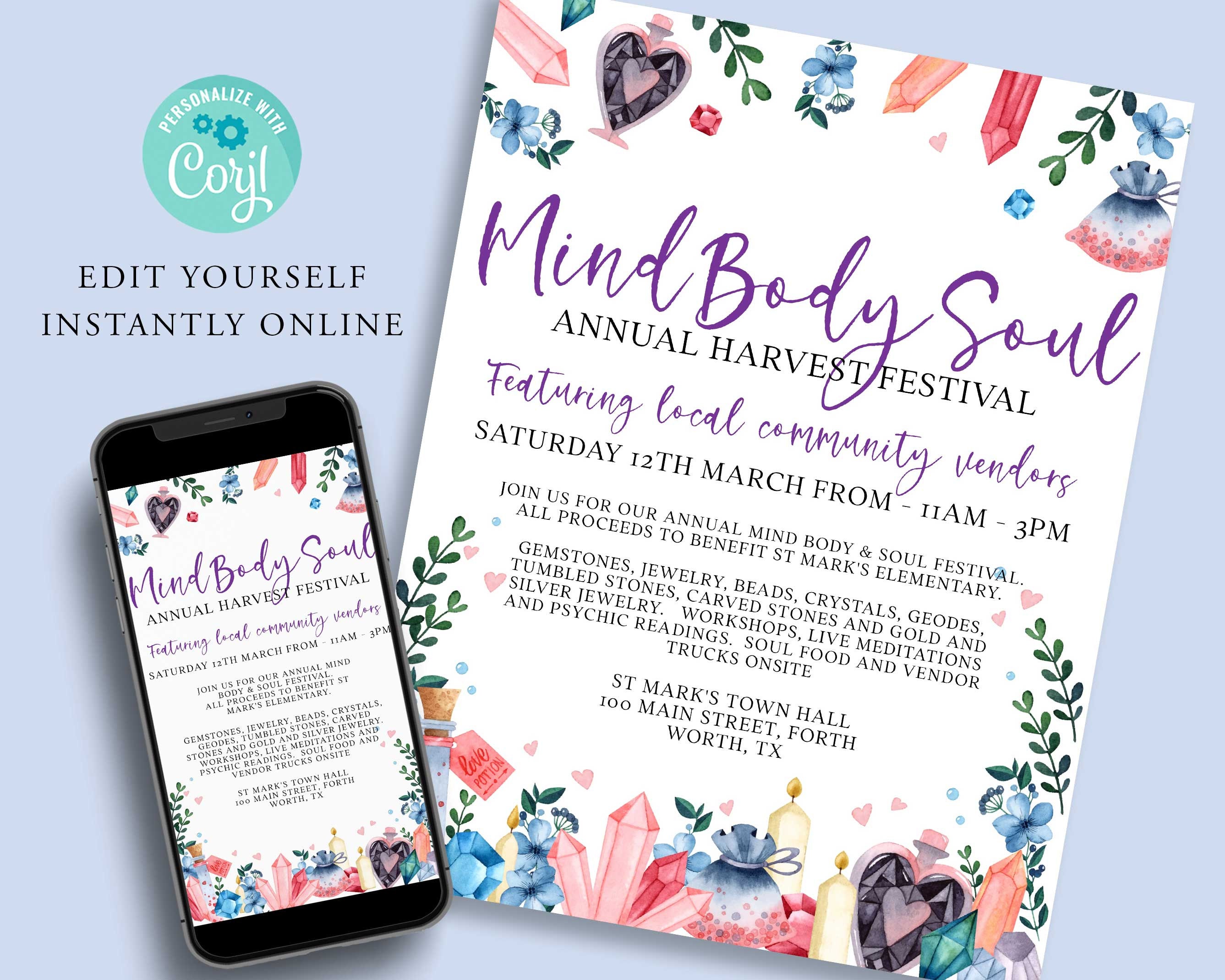 Editable MIND BODY SOUL Flyer Template, Diy Event Poster, Crystals ...