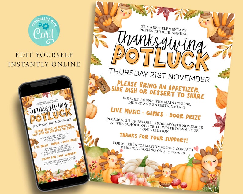 THANKSGIVING Potluck Printable PTA Flyer, School Teacher Appreciation ...