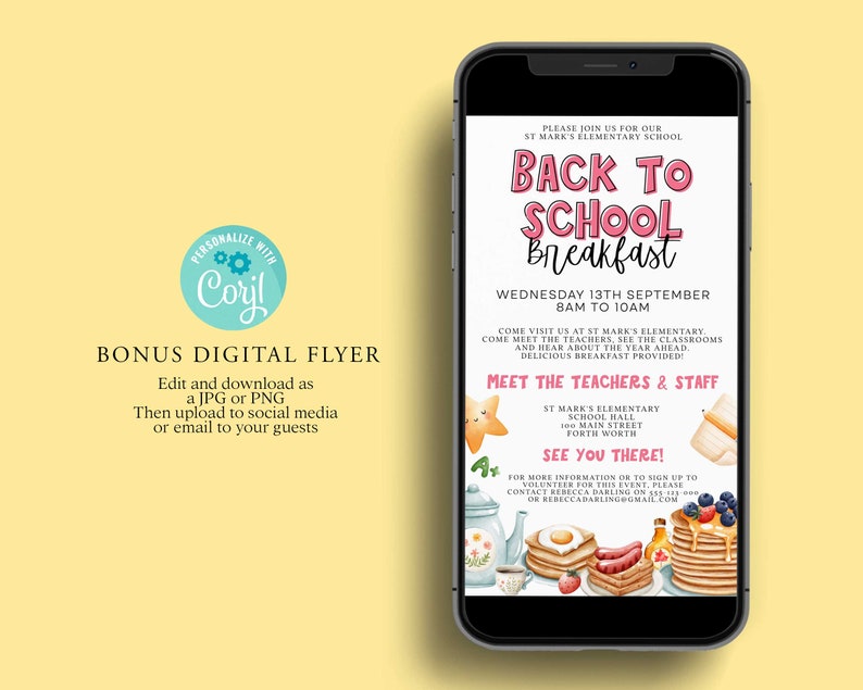 BACK to School Breakfast Flyer, Printable PTA Flyer, School Breakfast ...