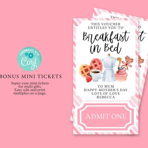 Editable Breakfast in Bed Gift Ticket, Mothers Day, Happy Birthday ...