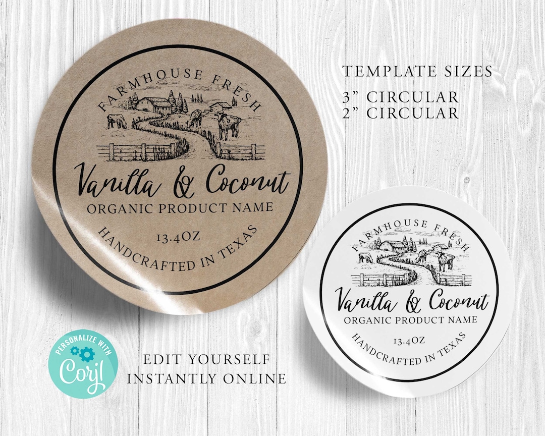Round FARMHOUSE Editable Product Sticker, ORGANIC Custom Product Label ...
