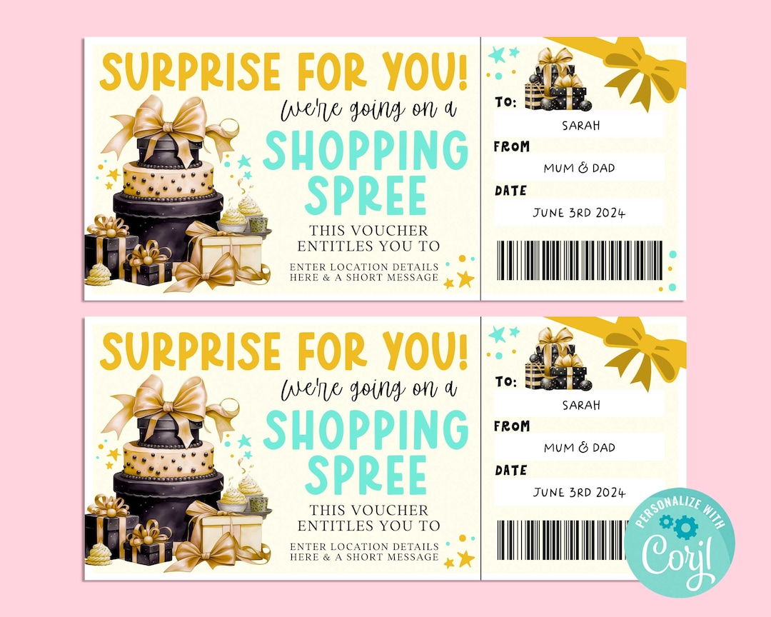 Surprise SHOPPING SPREE Editable Gift Ticket Template, Birthday Gift ...