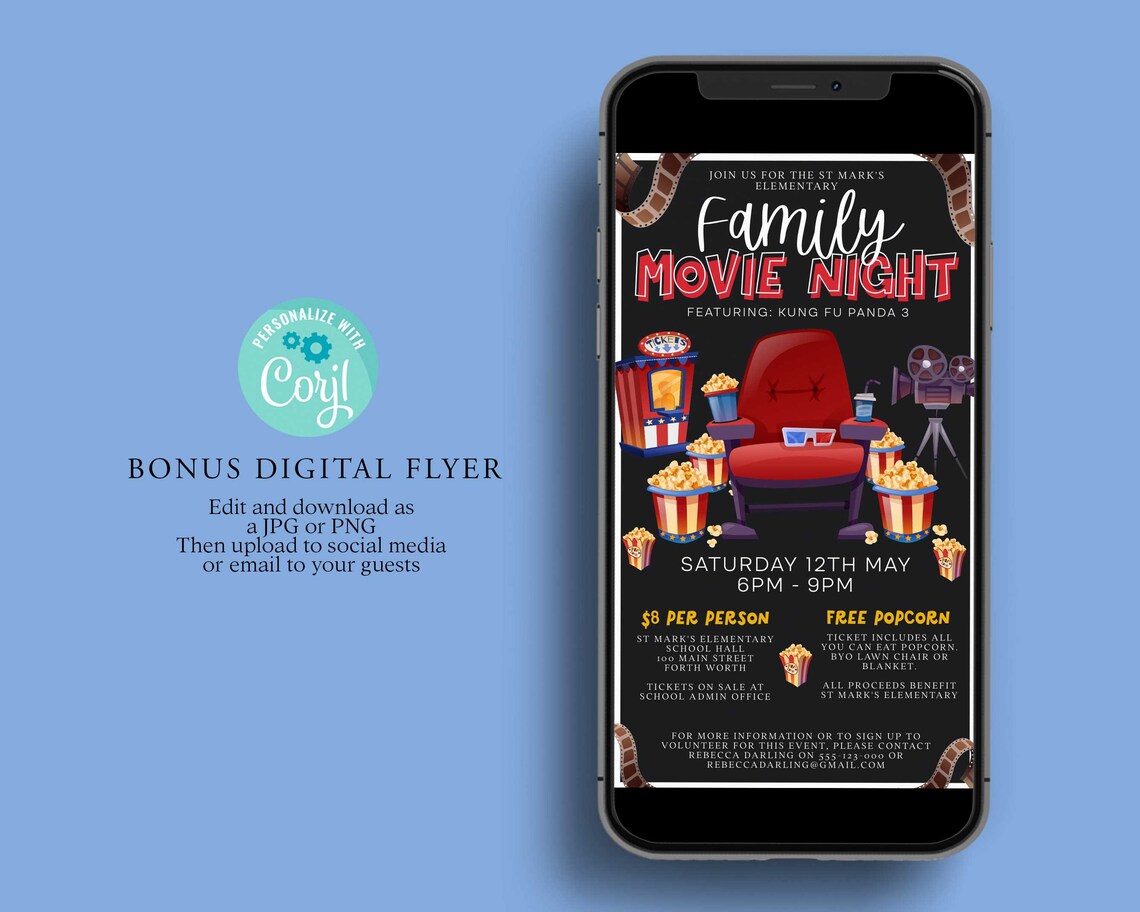 MOVIE NIGHT Fundraiser Editable Flyer Template, School Movie Night, PTO ...