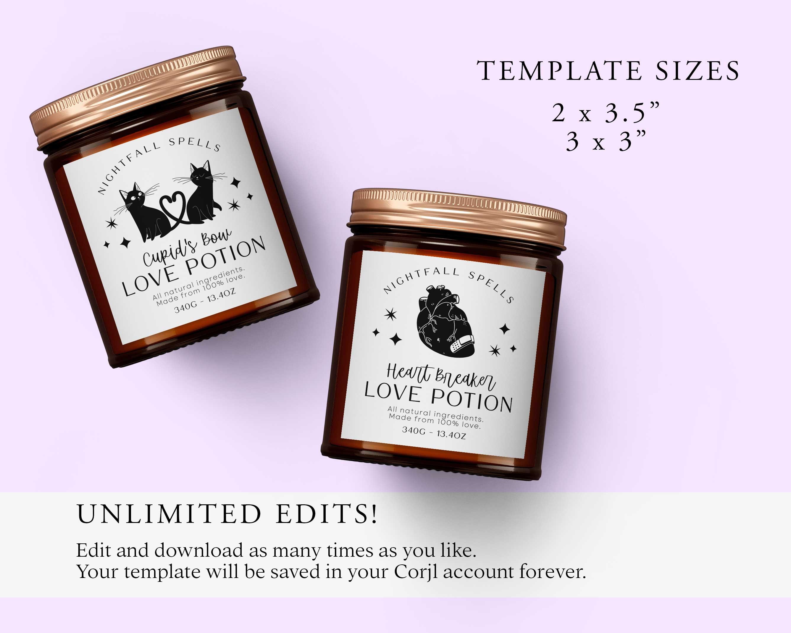 LOVE POTION Editable Candle Label, Mystic Candle Label Design ...