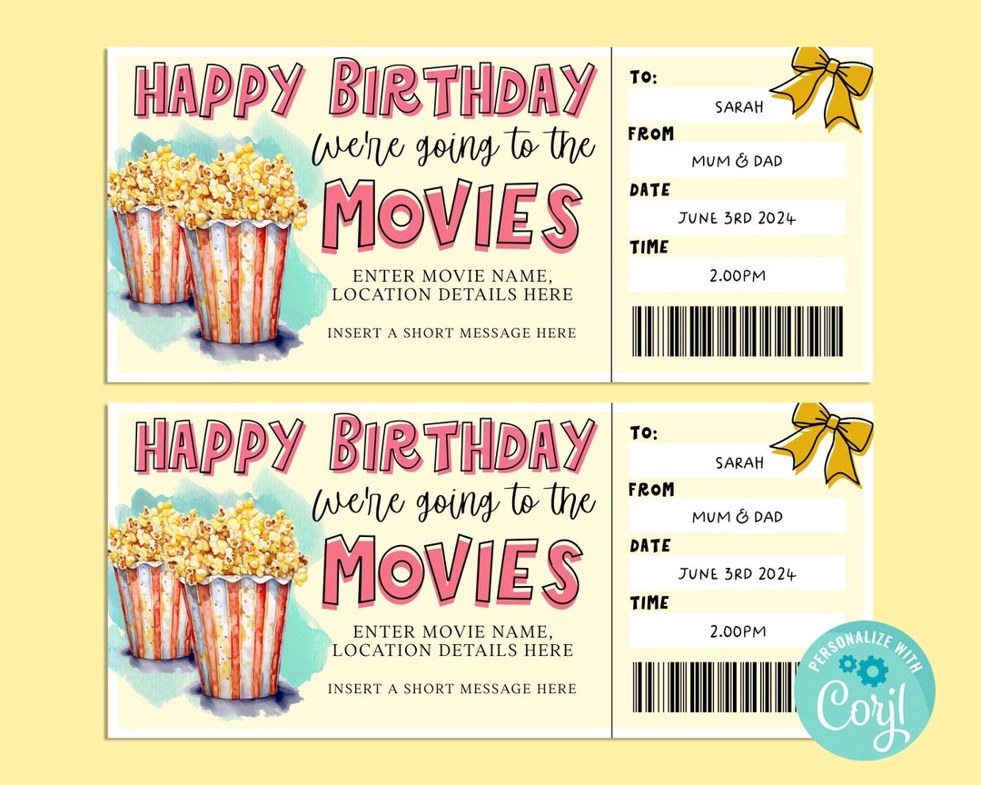 Birthday MOVIES Editable Gift Ticket Template, Happy Birthday Gift ...