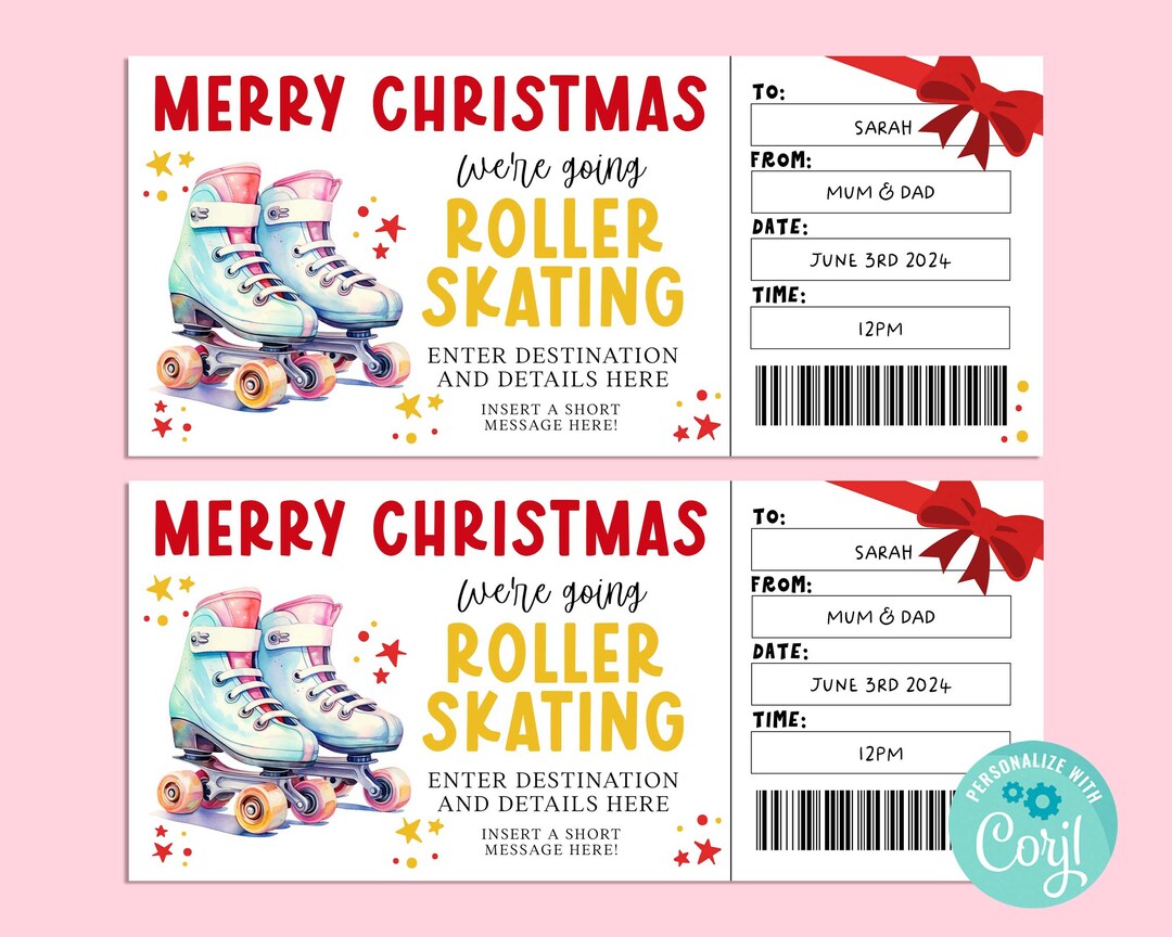 Merry Christmas ROLLERSKATING Editable Gift Ticket Template, Xmas Gift ...