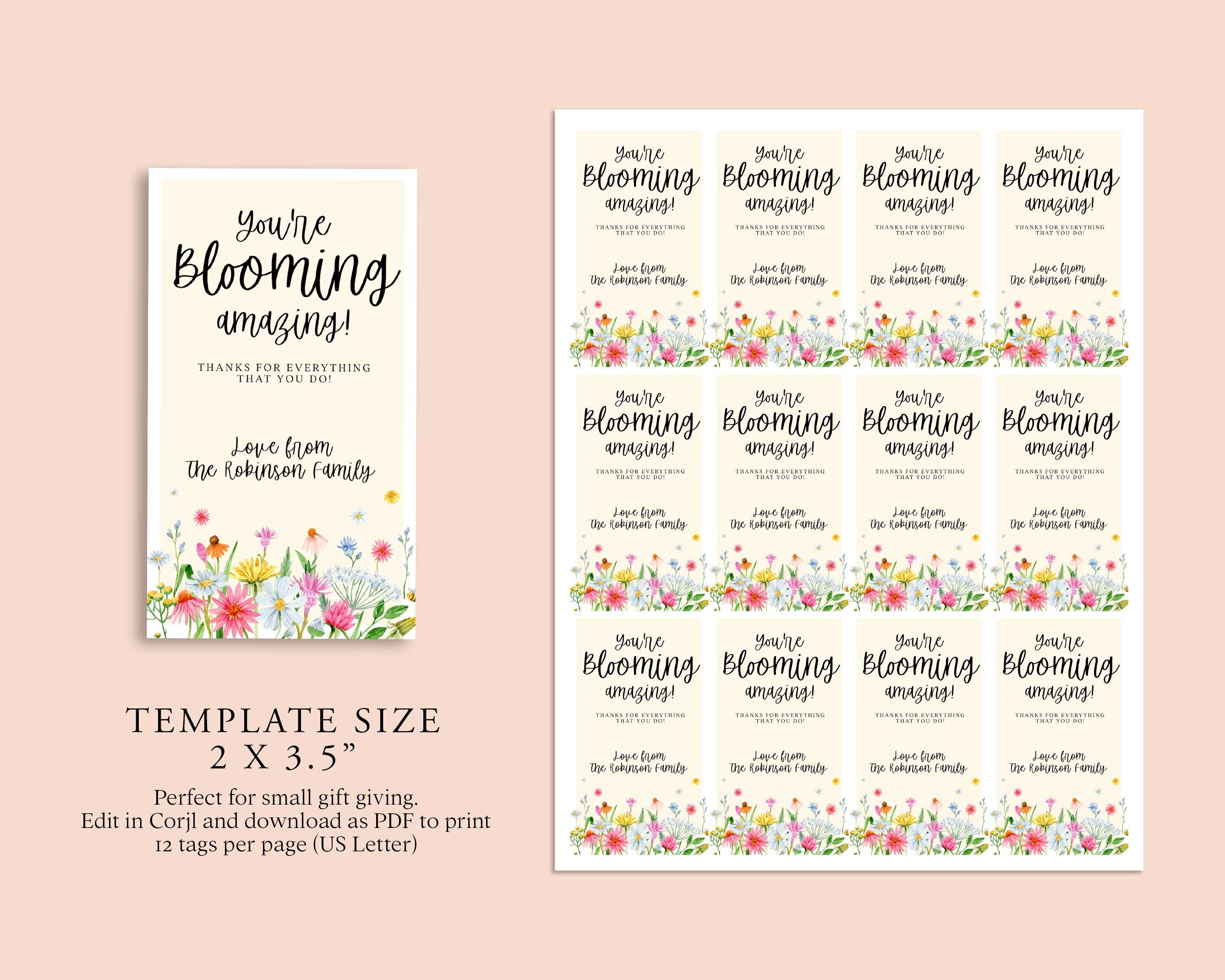 BLOOM Appreciation Gift Tag, Teacher, Friends, Mothers Day, Valentine ...